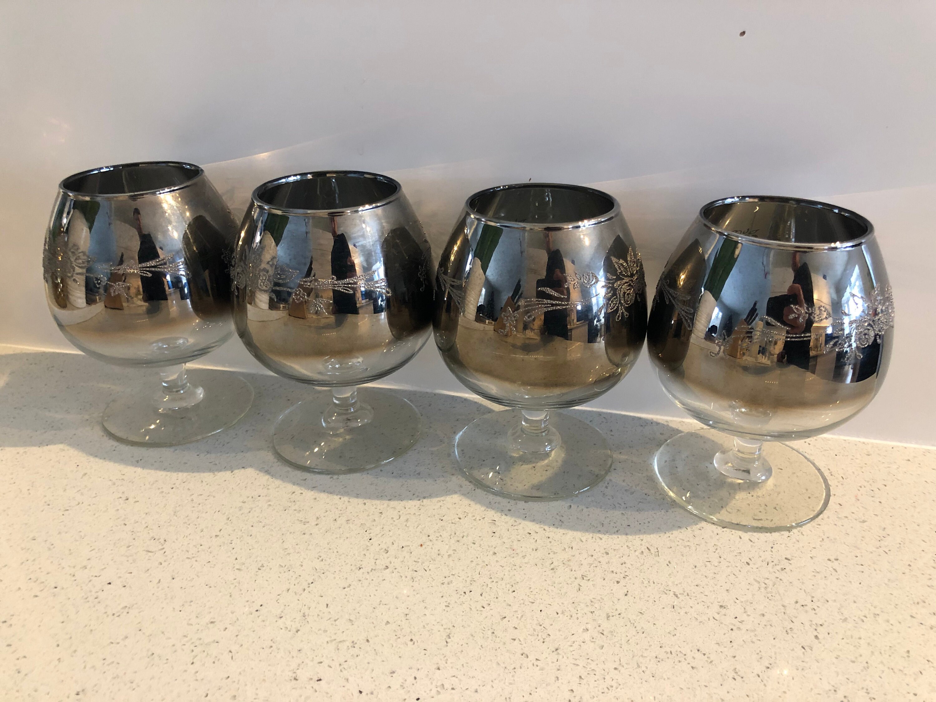 4 Mid Century Modern Silver Fade Brandy Snifter Cognac Balloon Glasses ...