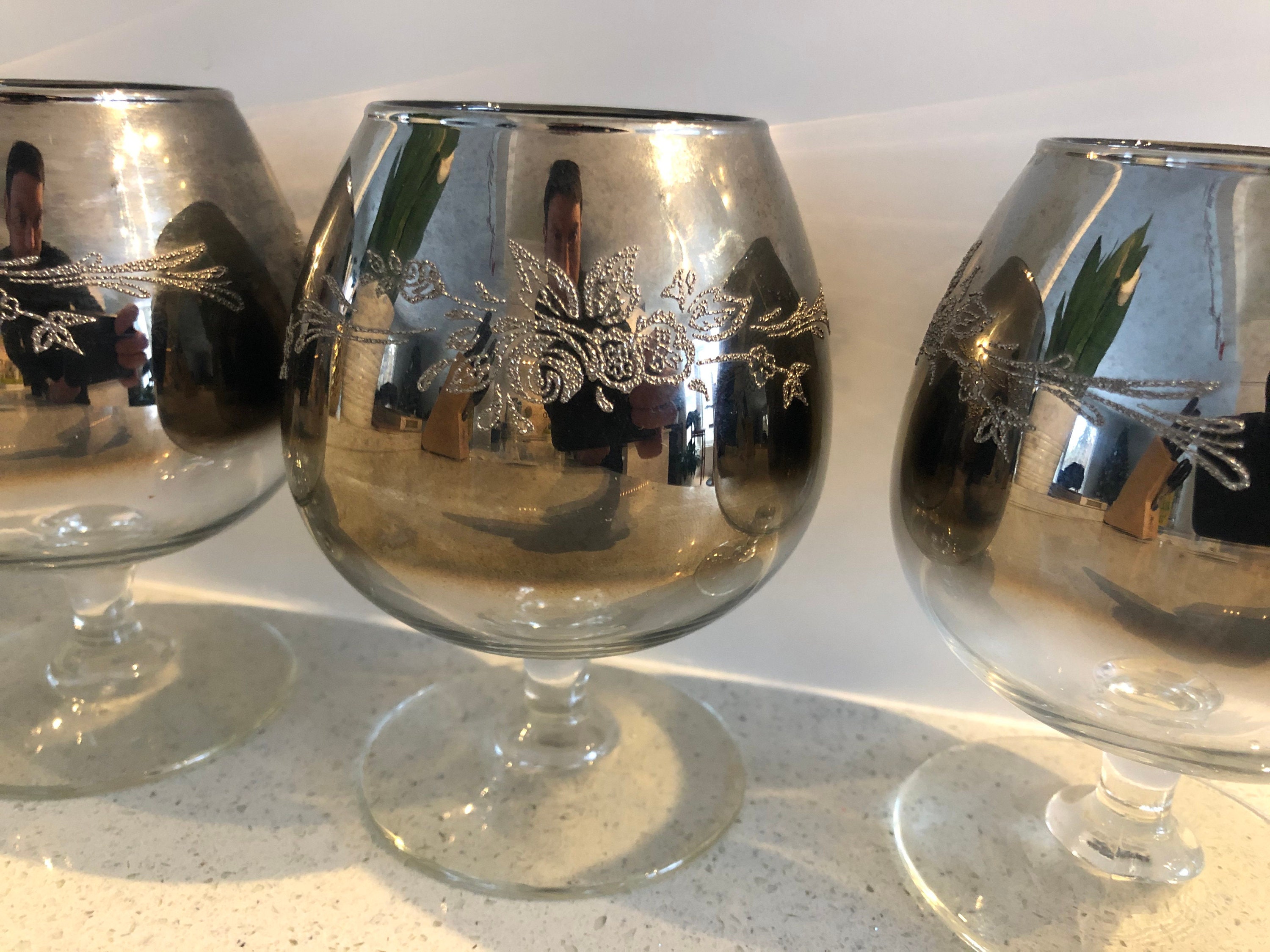 4 Mid Century Modern Silver Fade Brandy Snifter Cognac Balloon Glasses ...