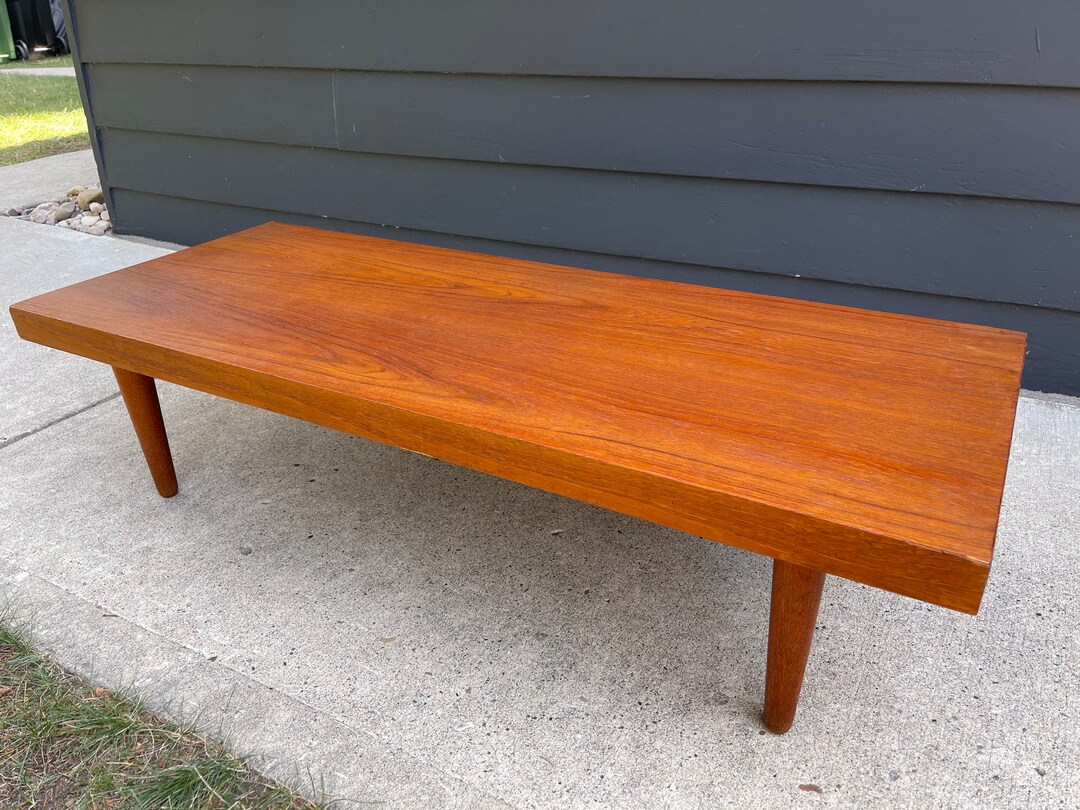 Mid Century Teak Veneer Slab Coffee Table Raised on Thick Solid Teak ...