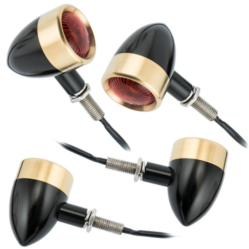 Custom Billet Motorcycle Turn Signals , Set of 4/ Black & Brass Finish ...