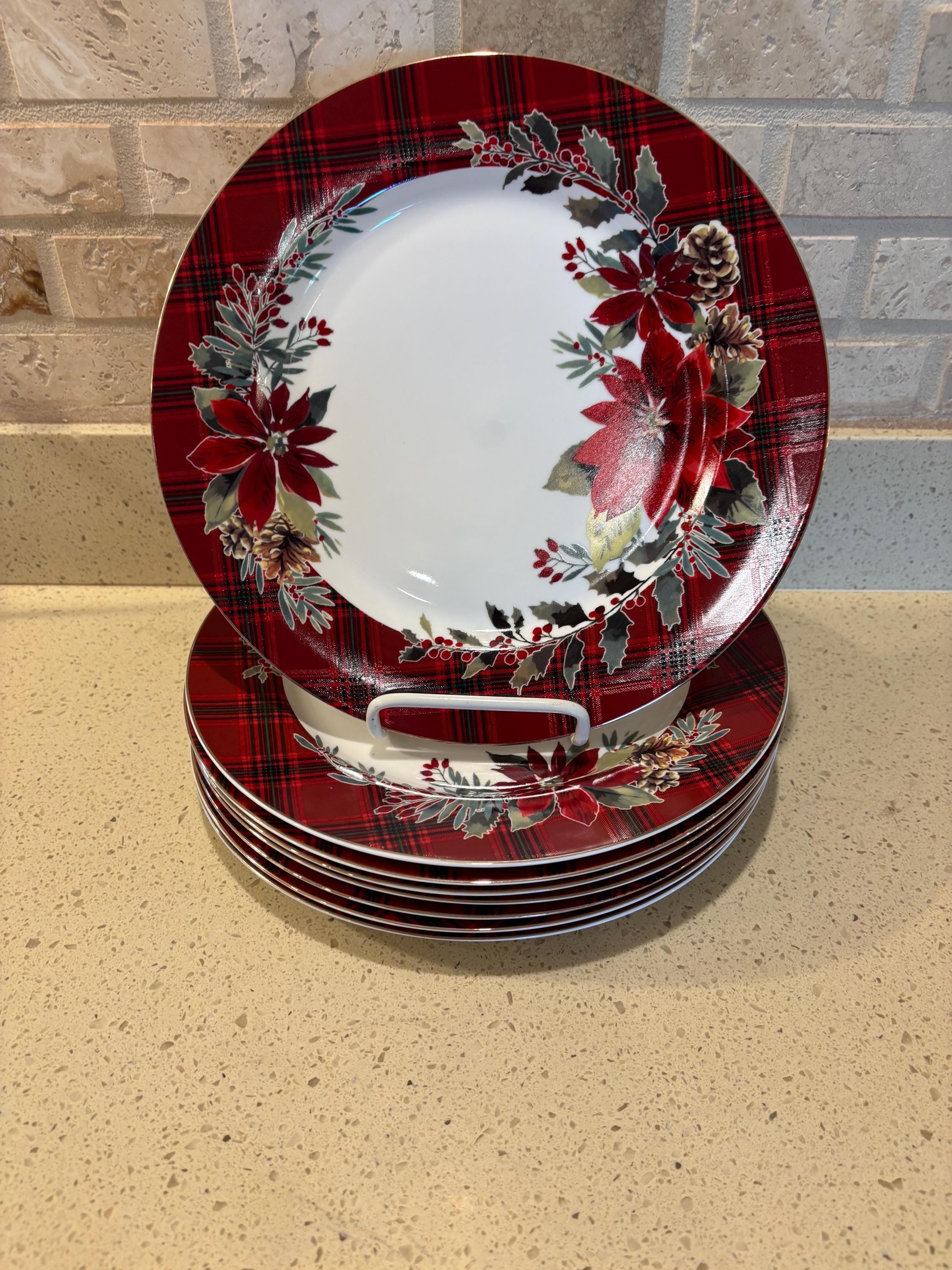 Grace Teaware Christmas Plaid Poinsettia Dinner Plates ( Sold in Sets ...