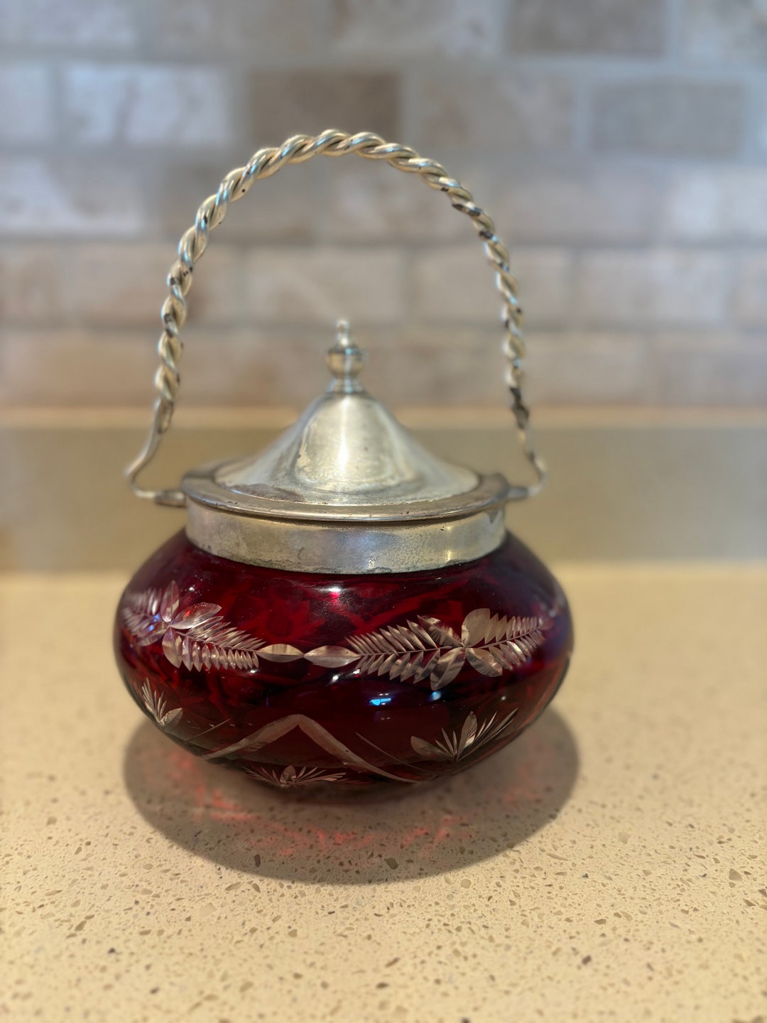 Bohemian Ruby Red Cut to Clear Glass Biscuit Jar With Metal Handle and ...