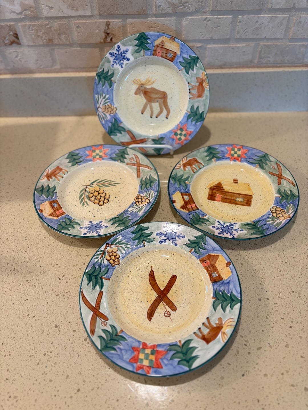 SIERRA by Bella Ceramica Salad Plates Cabin Skis Trees Elk Set of 4 - Etsy