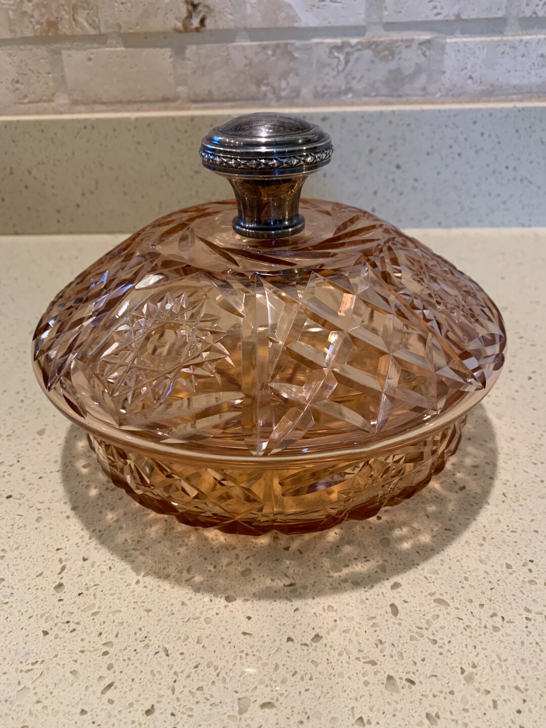 Pink Cut Crystal Depression Glass Candy Bowl/dish With Lid and Sterling ...