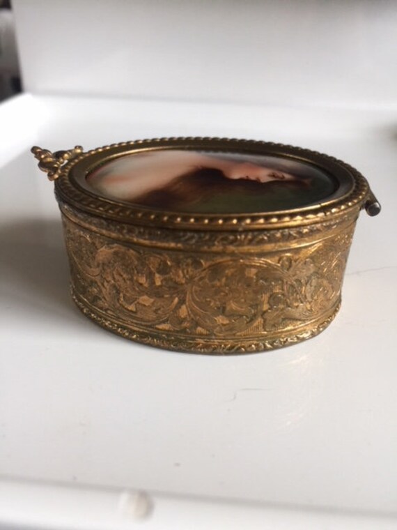 Vintage antique Painted lady pill trinket box - Gem