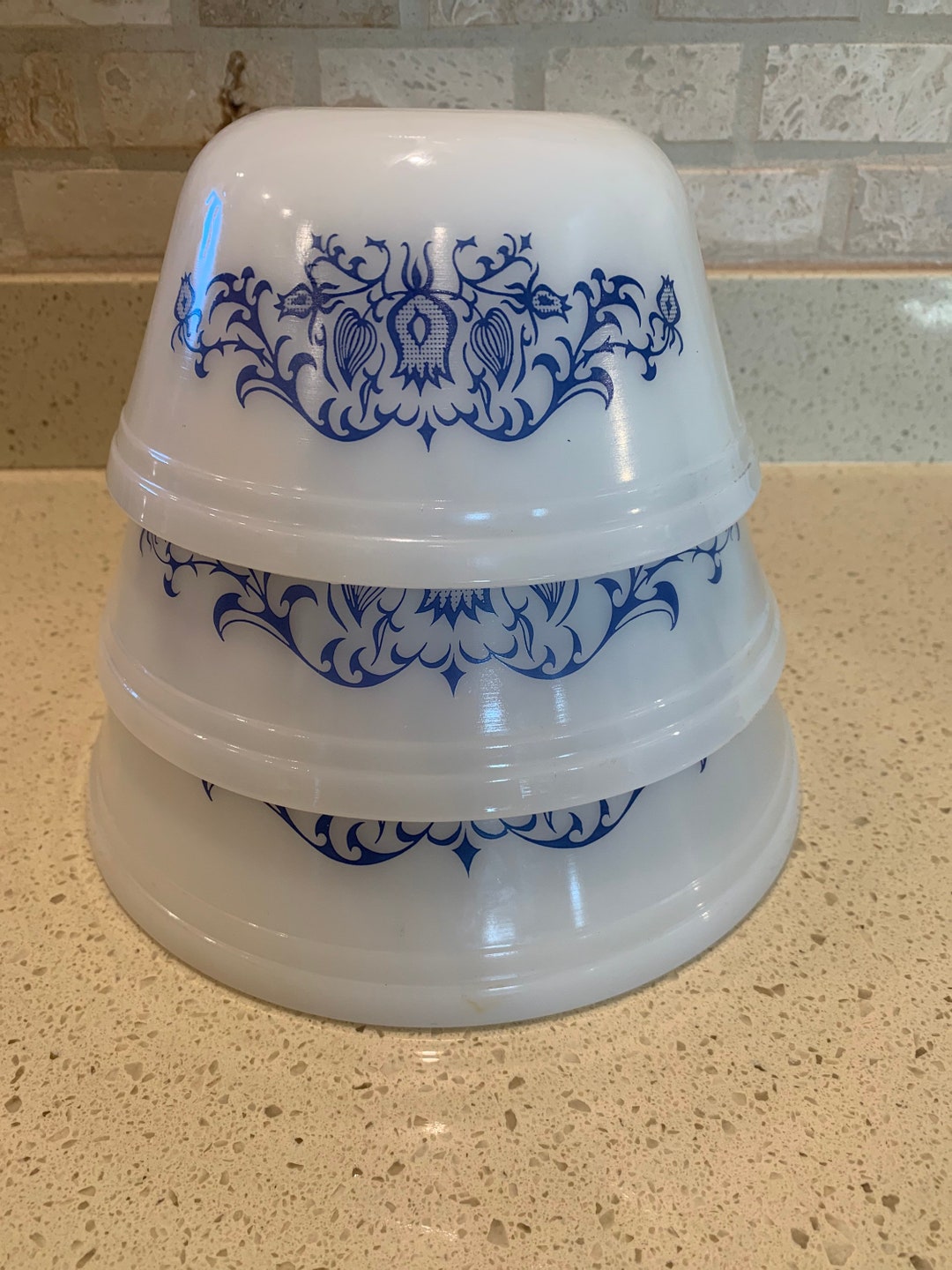 Federal Milk Glass Nesting Mixing Bowls Bucks County Blue Tulip Floral ...