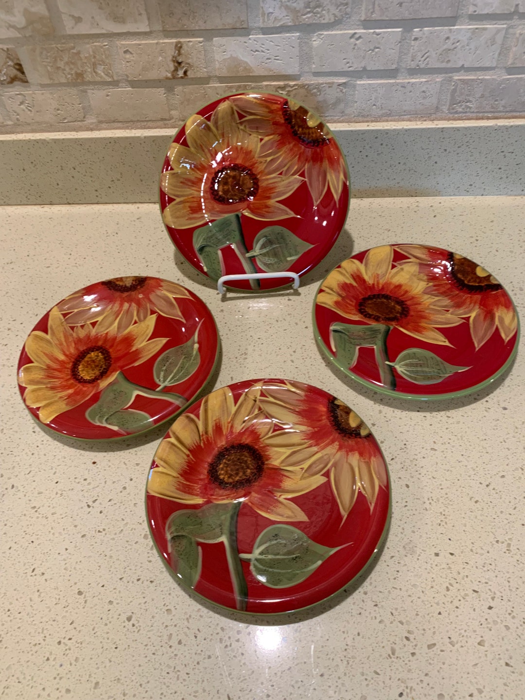 Red Salad Plate With Yellow Sunflower Certified International 8 Set of ...