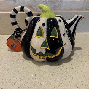 Rare Blue Sky Black and White Striped Pumpkin Jack O Lantern Teapot ...
