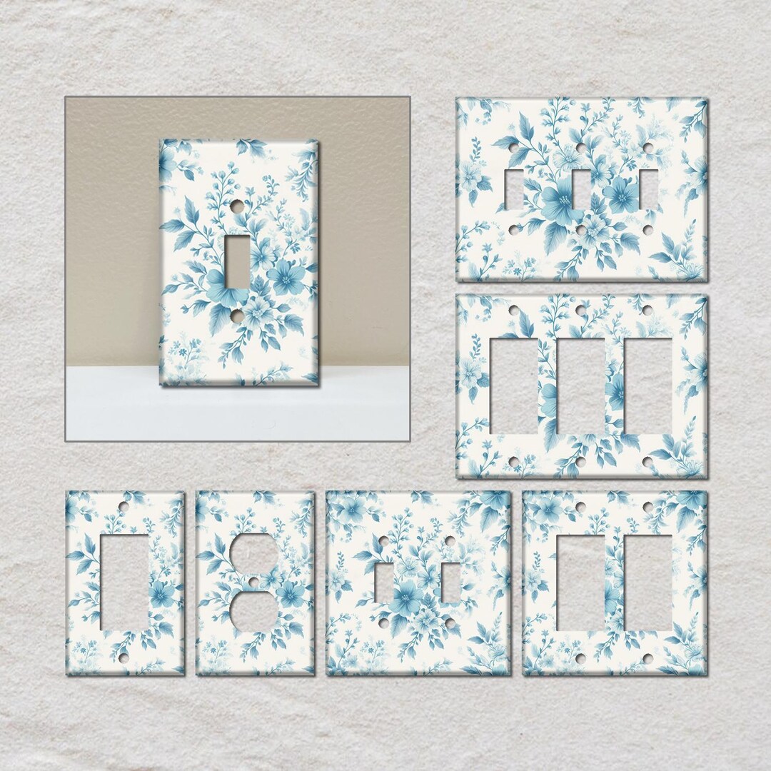 Toile Pattern 44 Cerulean Blue Flowers UV Printed Light Switch Covers ...