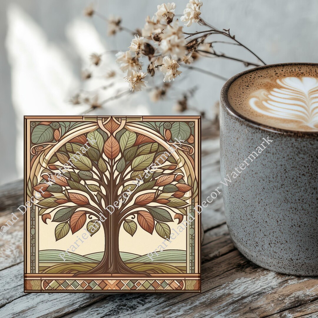 Art Nouveau, Tree of Life Tile Pattern, Coaster Set, Tempered Glass ...