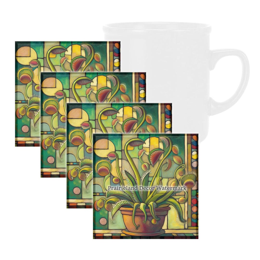 Venus Fly Trap Coaster Set, Tempered Glass Coaster With Rubber Feet, 4 ...