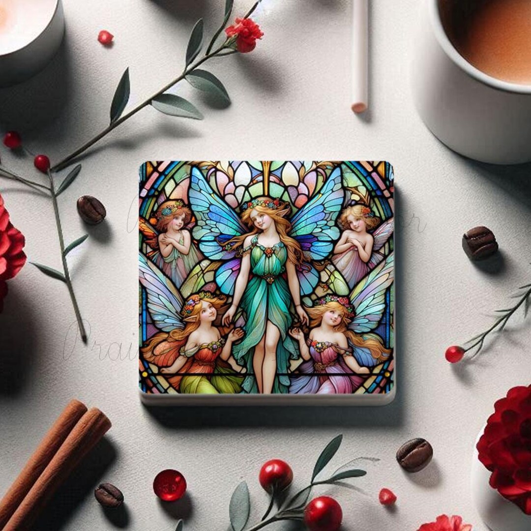 Fairies Fairy in Stained Glass Effect Ceramic Square Coaster sold ...