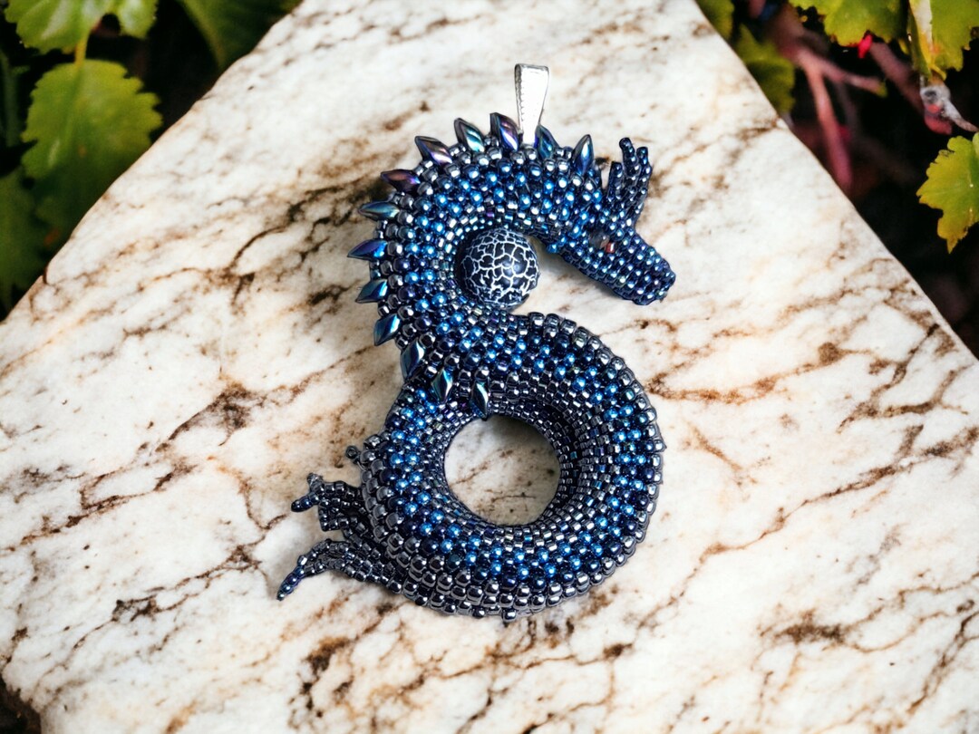 Barkhan-magical Blue Dragon Bead Pendant With Black Agate Dragon Egg ...