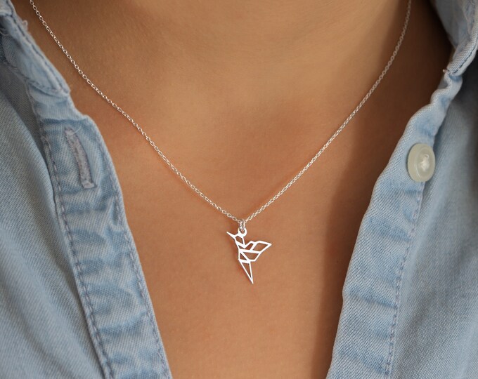 Hummingbird Necklace, Sterling Silver Origami Hummingbird on Delicate ...