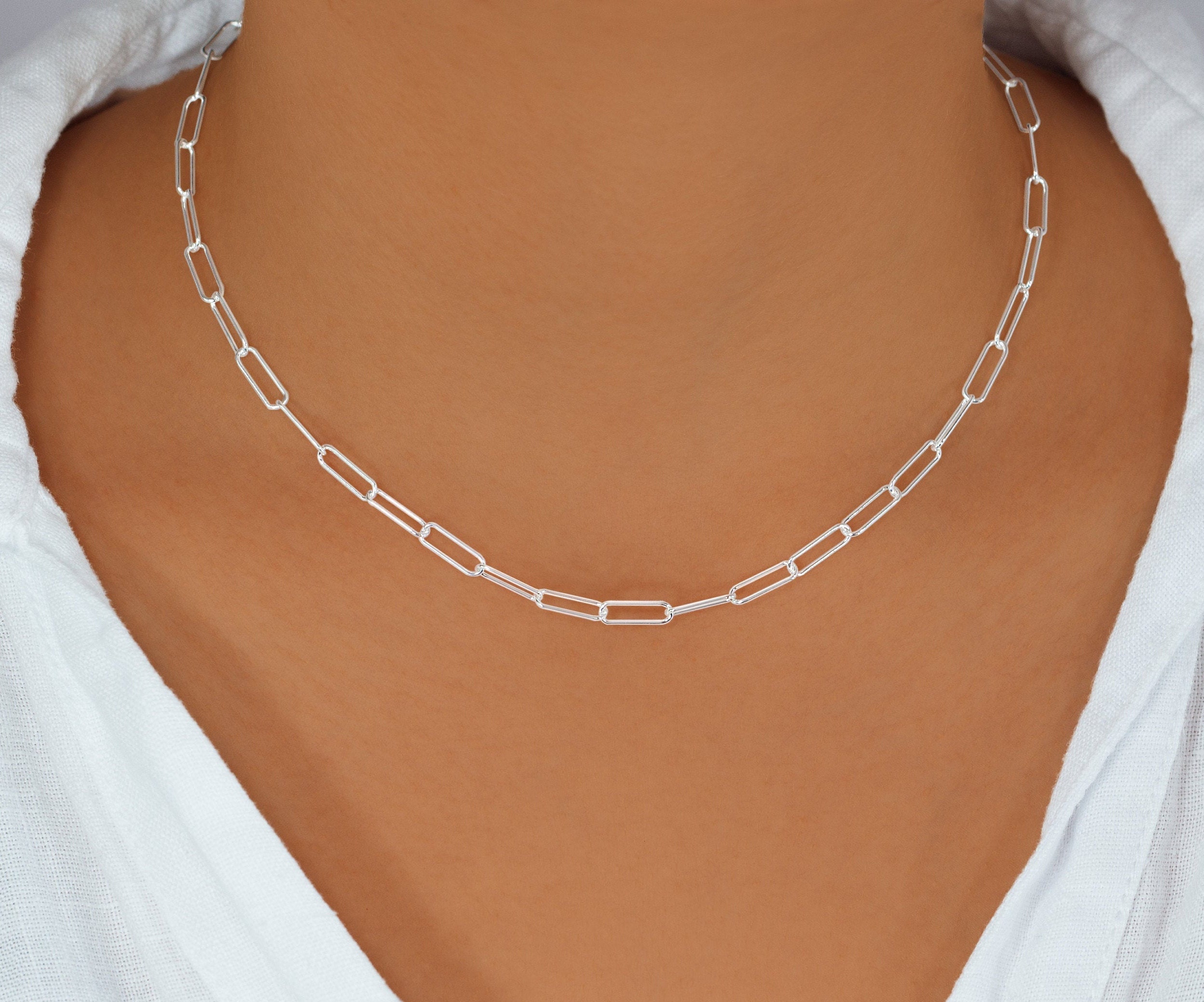Paperclip Chain Necklace Sterling Silver Rectangle Link | Etsy