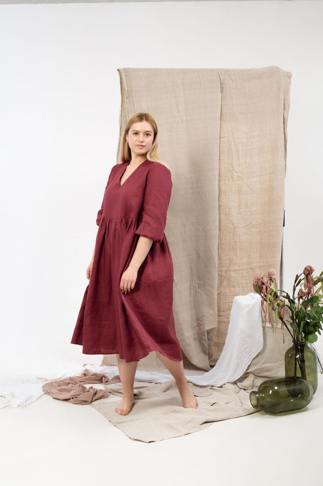 Loose Linen Dress: Natural Indian Linen, Lantern Sleeves - Etsy