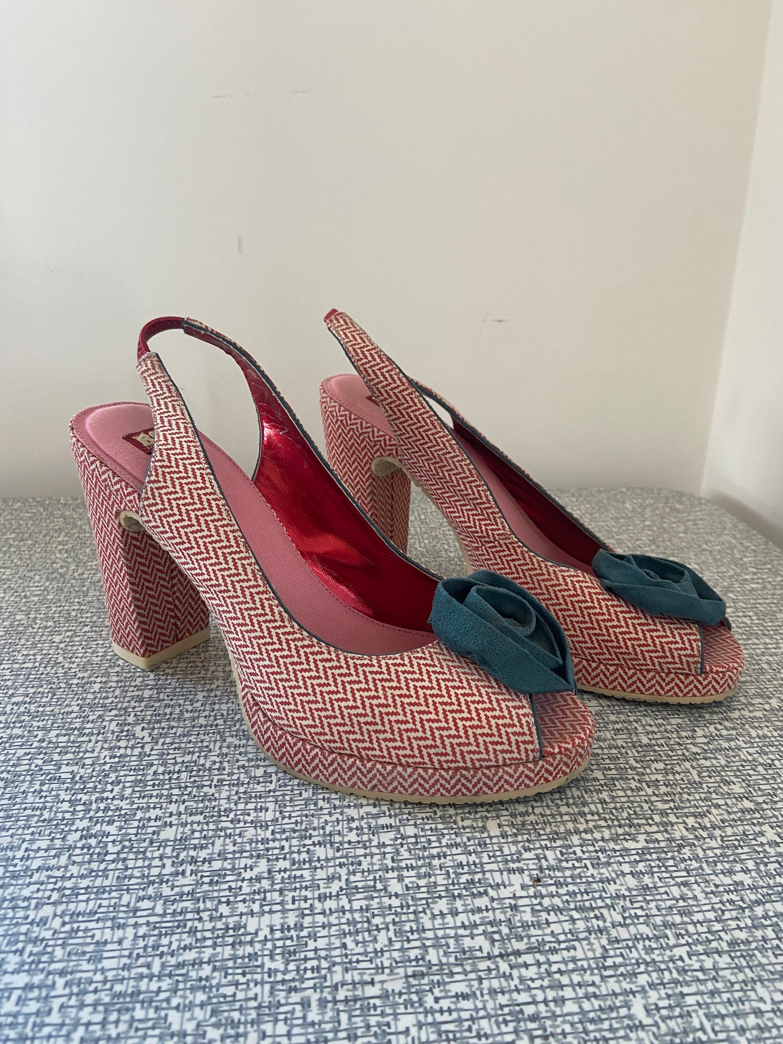 Vintage 90s Red Zig Zag Heels With Blue Flower - US 7 - Etsy