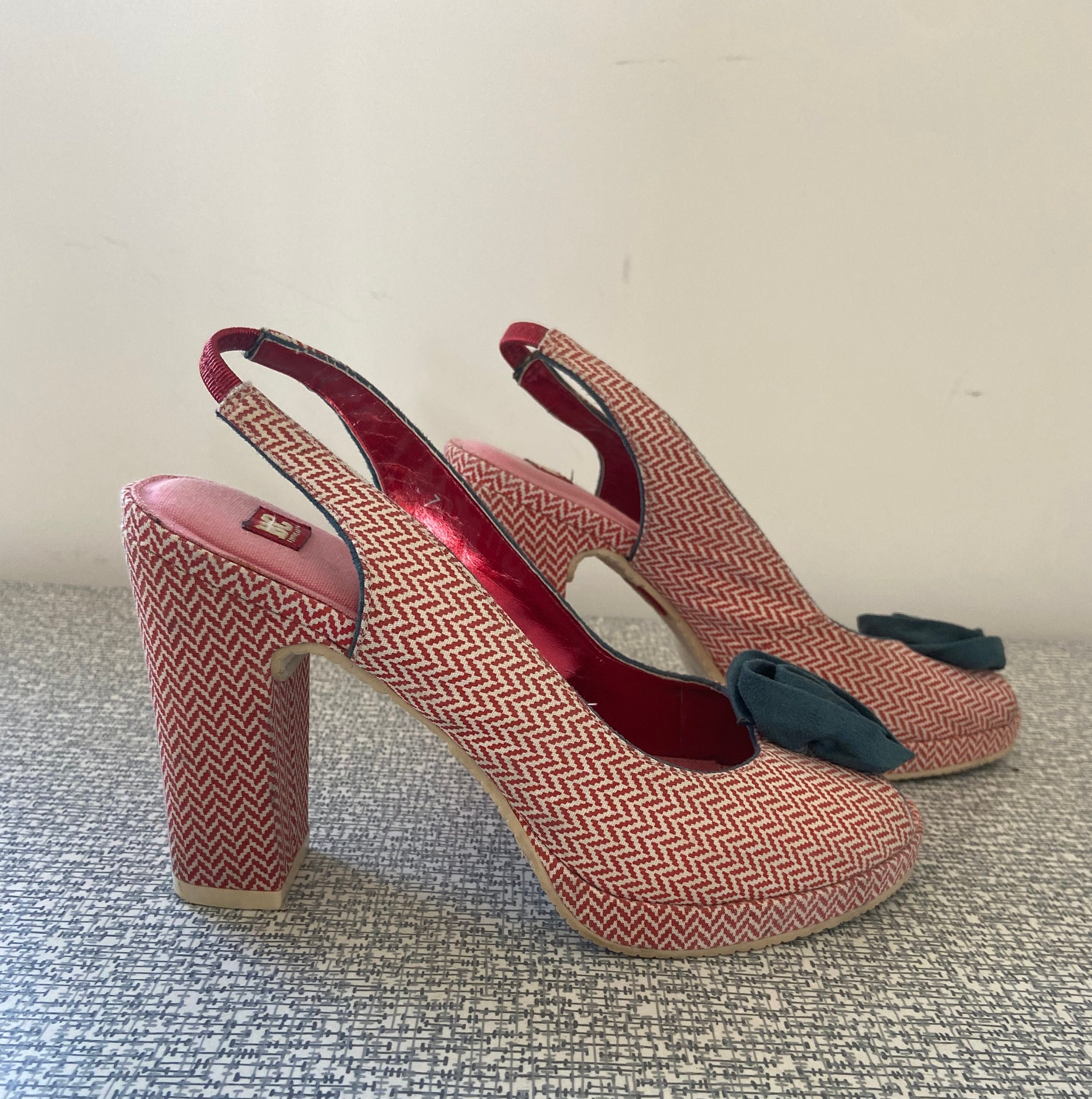 Red and White Heels Flower Heels Gingham Heels Vintage - Etsy