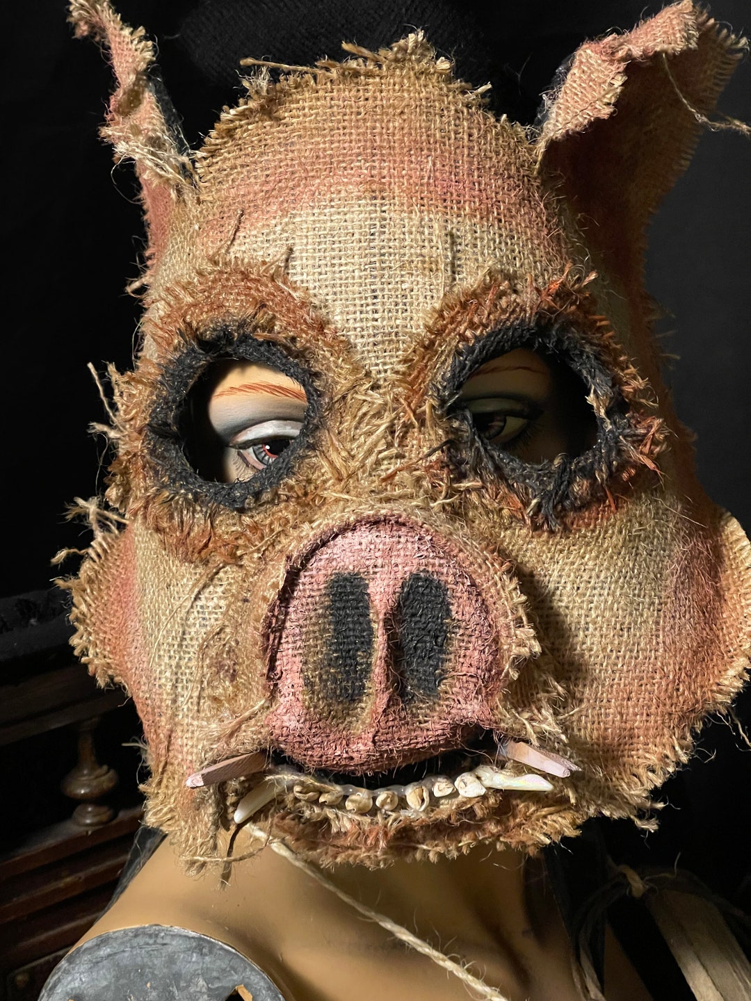 Creepy Scary Burlap Pig Folk Horror Mask Adult Halloween Boar Costume ...