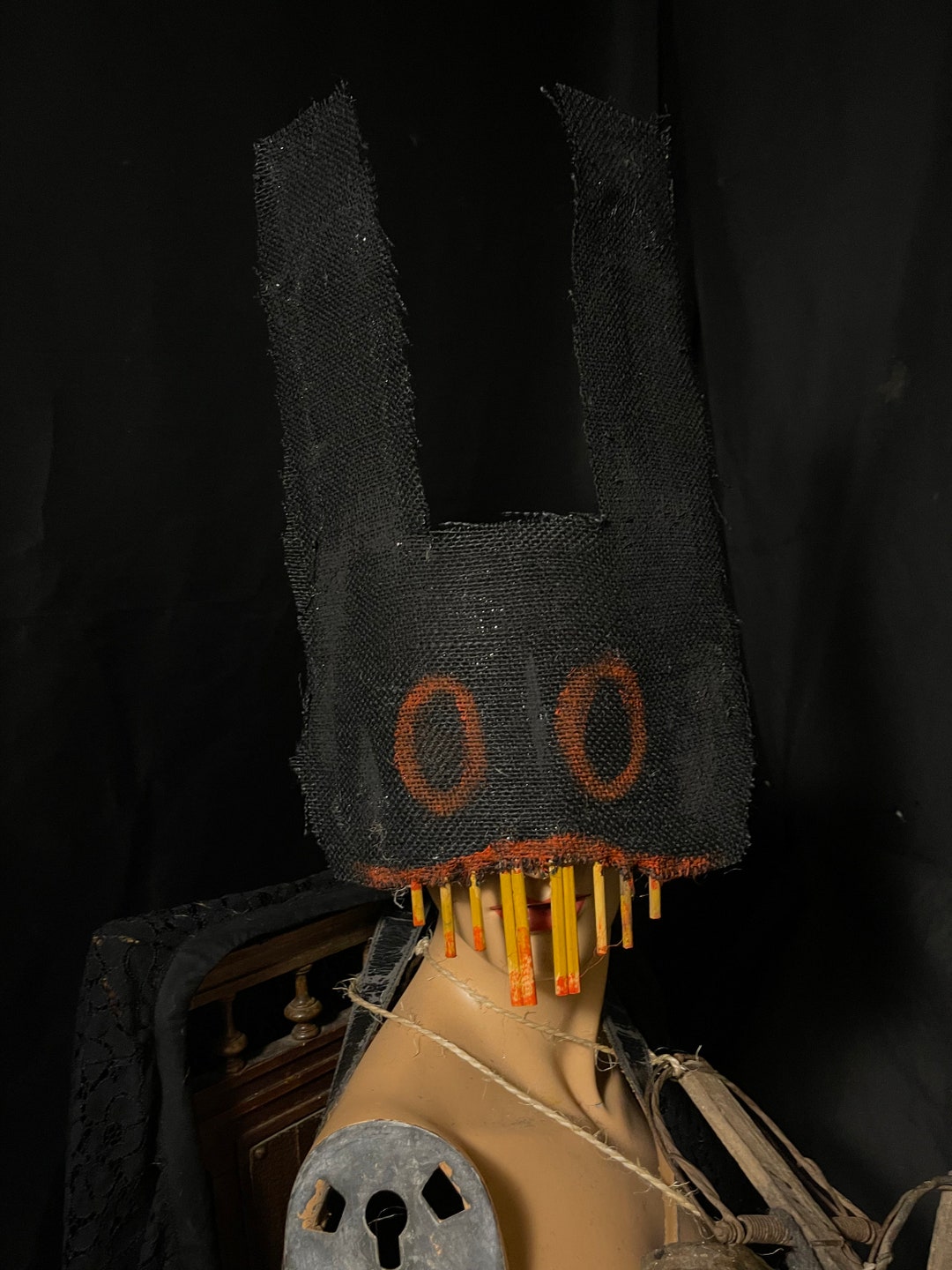 Creepy Rabbit Mask, Scary Masquerade Mask, Black Burlap Evil Bunny Mask ...