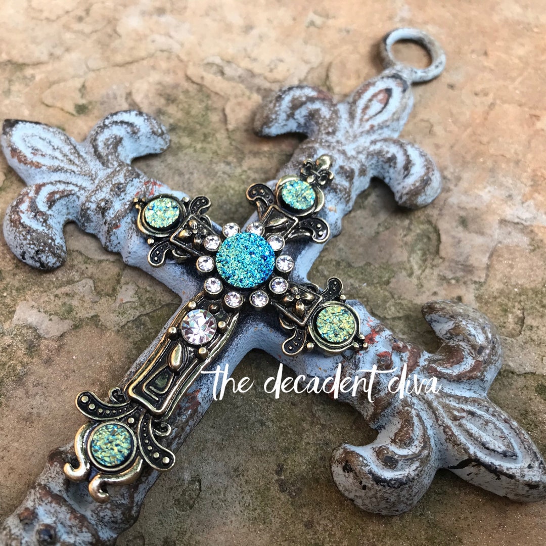 WALL CROSS DECOR Blue Fleur De Lis Wall Decor Wall Crosses - Etsy