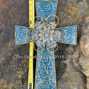 Blue Metal Floral Cross, Hammered Turquoise, Gold Accent - Etsy