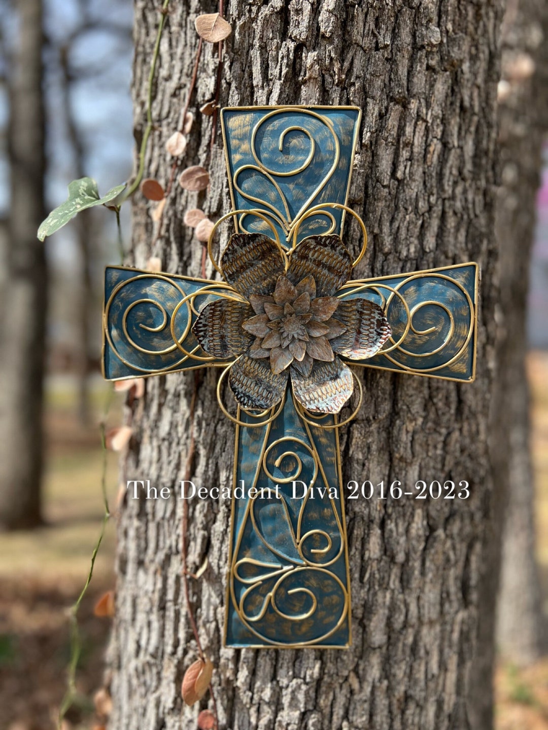 Blue Metal Floral Cross, Hammered Turquoise, Gold Accent - Etsy