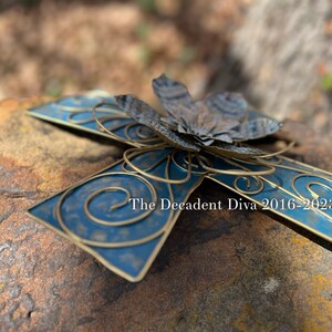 Blue Metal Floral Cross, Hammered Turquoise, Gold Accent - Etsy