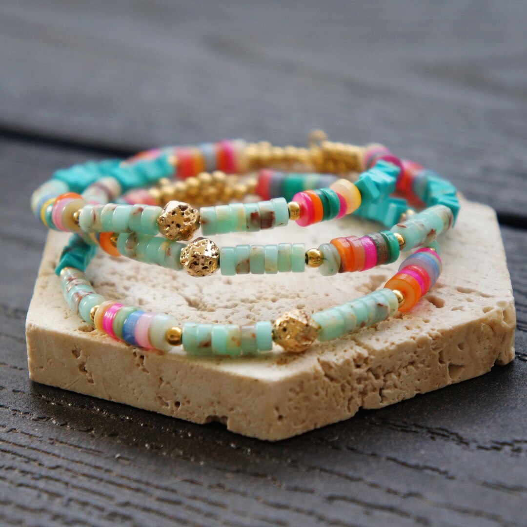 Colorful Bohemian Beaded Shell Bracelet Bangle, Soft Colors Bracelet ...