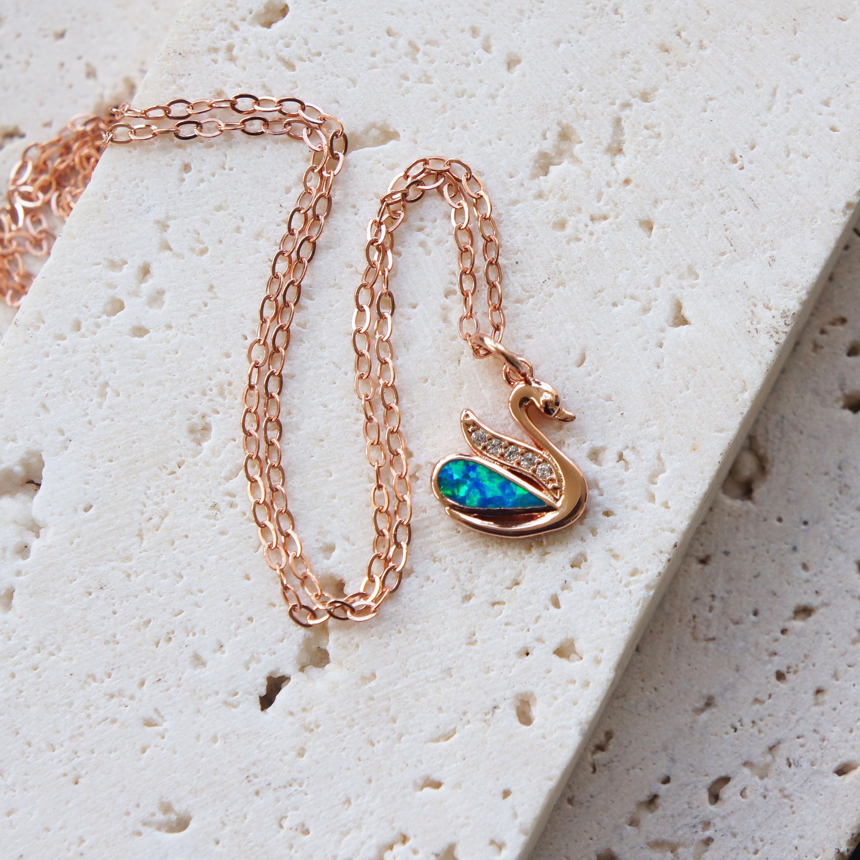 Rose Gold Swan Necklace Opal Swan Jewelry Elegant Gift for Her Elegant 14kt Rose Gold Necklace Anniversary Necklace Layering Necklace