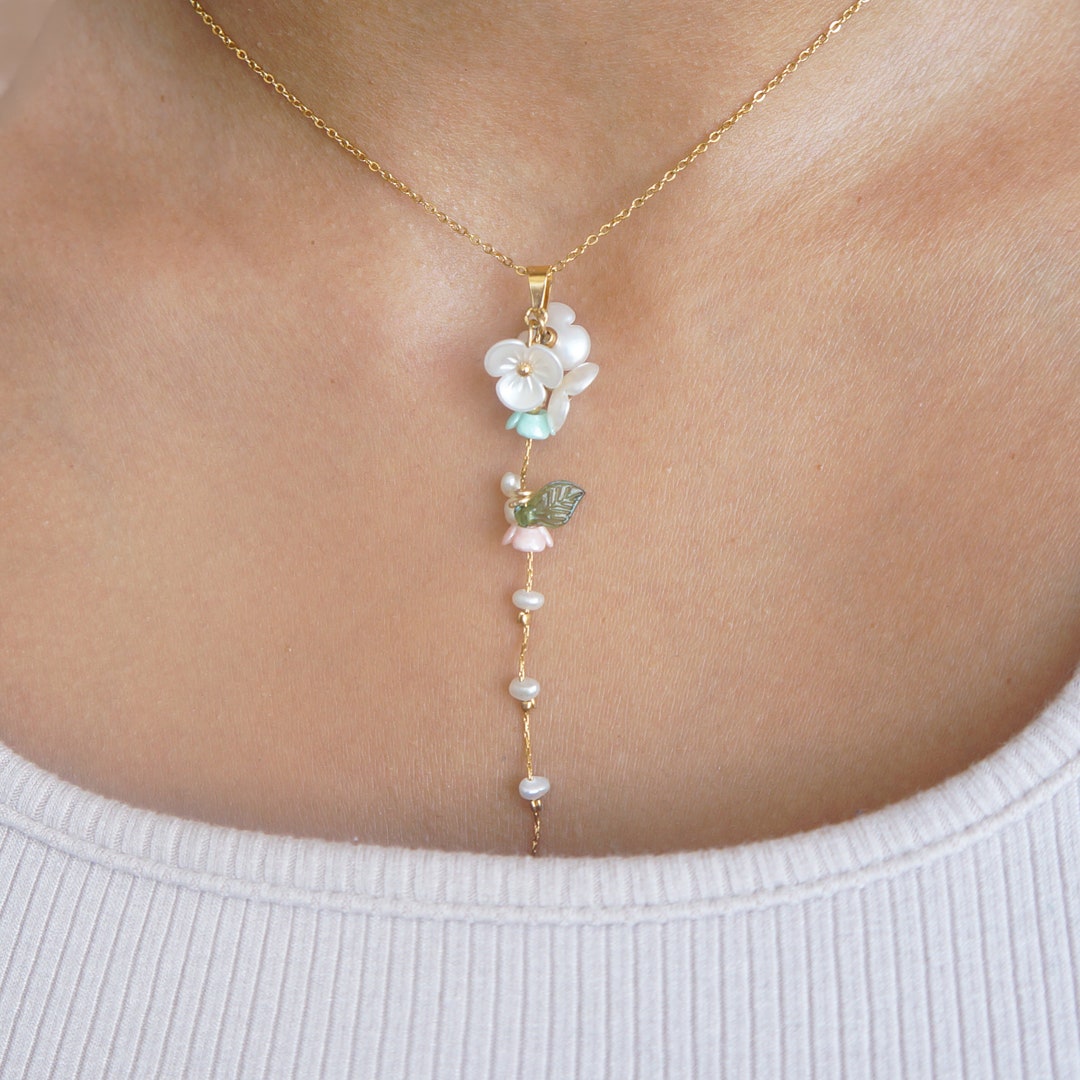 Delicate Floral Necklace Whimsical Feminine Dangling Tiny Pearls ...