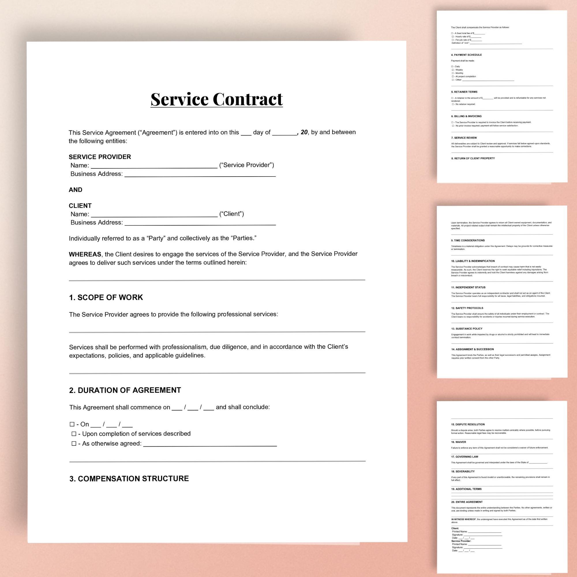 Printable Service Contract Templates – Editable Agreements in Google ...