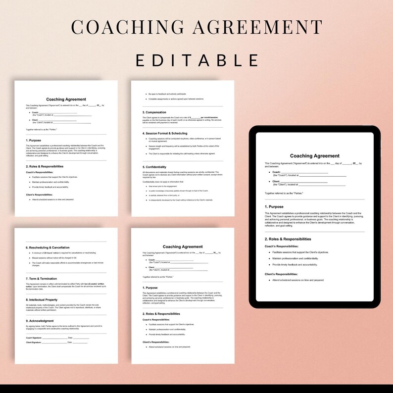 Editable Coaching Agreement Templates – Printable Contracts & Client ...