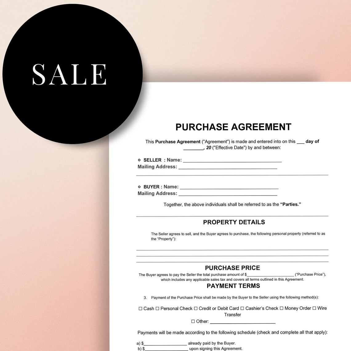 Printable Purchase Agreement Template | Editable Property Purchase and ...