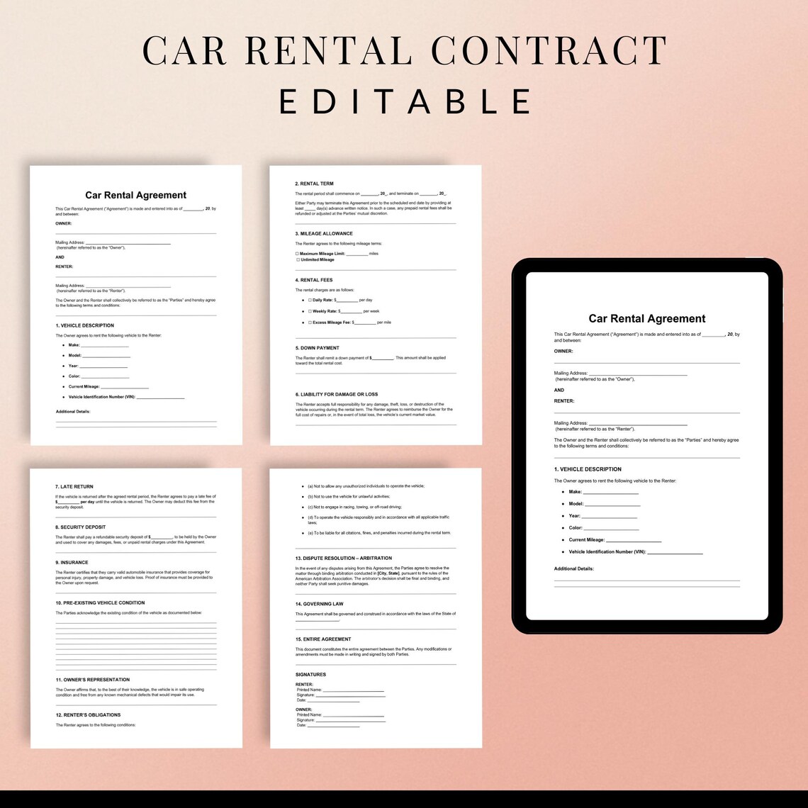 Editable Car Rental Agreement Template | Printable Vehicle Lease ...