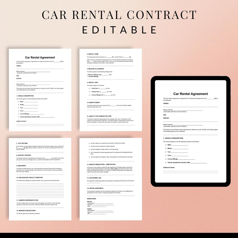 Editable Car Rental Agreement Template | Printable Vehicle Lease Contract in Word & PDF Formats ...