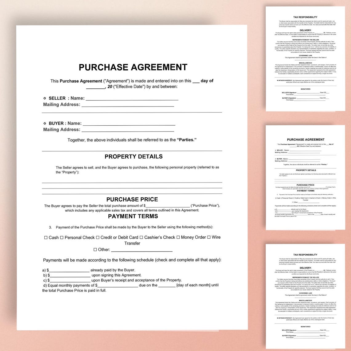 Printable Purchase Agreement Template | Editable Property Purchase and ...