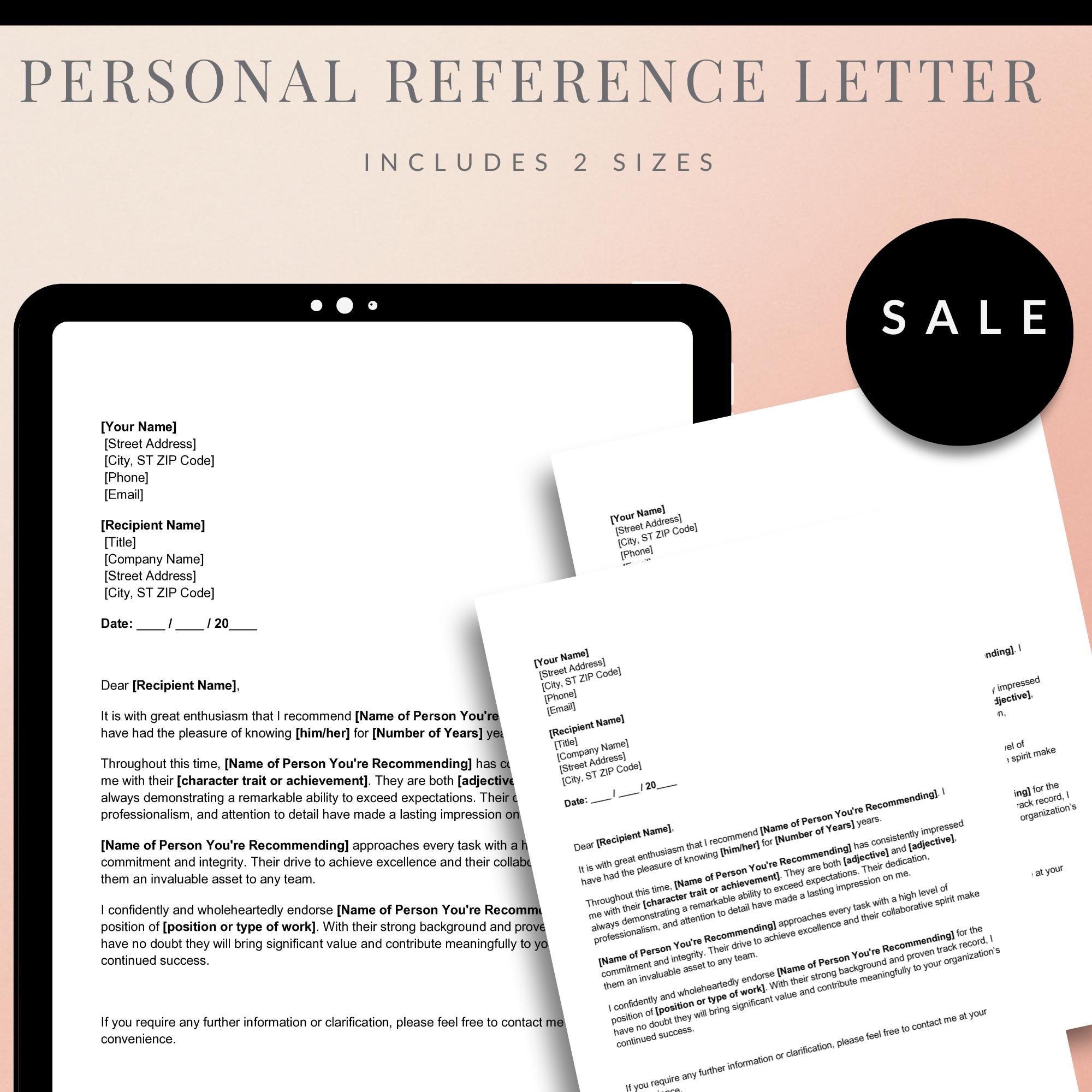 Editable Personal Reference Letter Template – Printable Recommendation ...