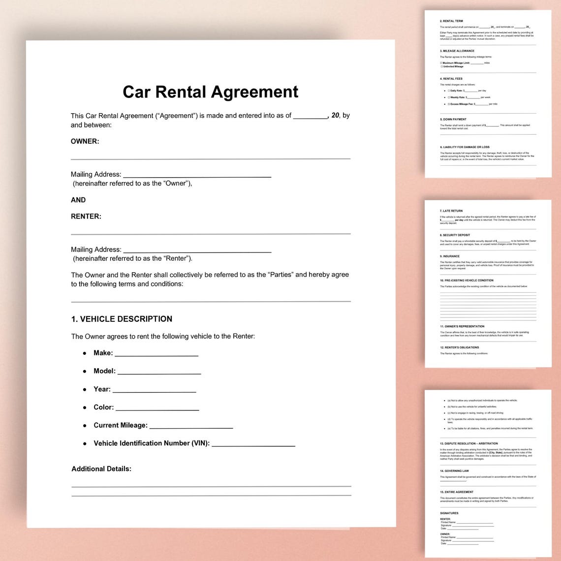 Editable Car Rental Agreement Template | Printable Vehicle Lease ...