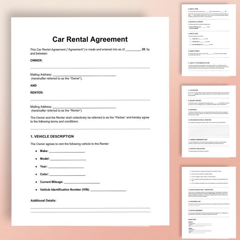 Editable Car Rental Agreement Template | Printable Vehicle Lease ...
