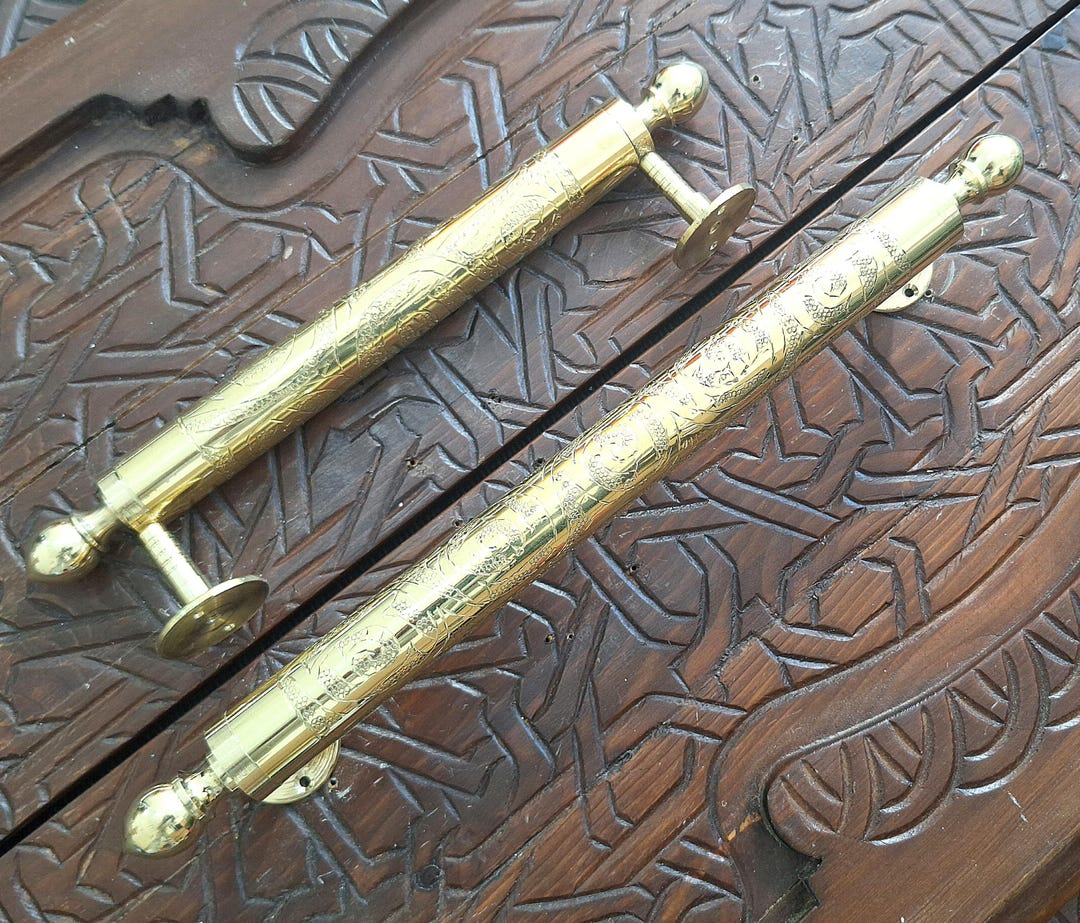 2 Large Solid Brass Antique Door Handles, Thick Engraved Moroccan-style ...