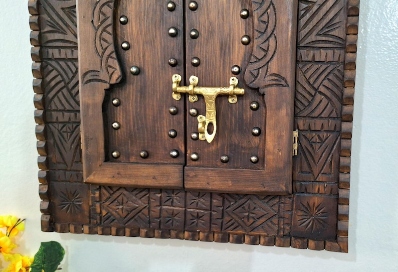 Handcarved Wooden and Brass Wall Window, Vintage Style Carved Window ...