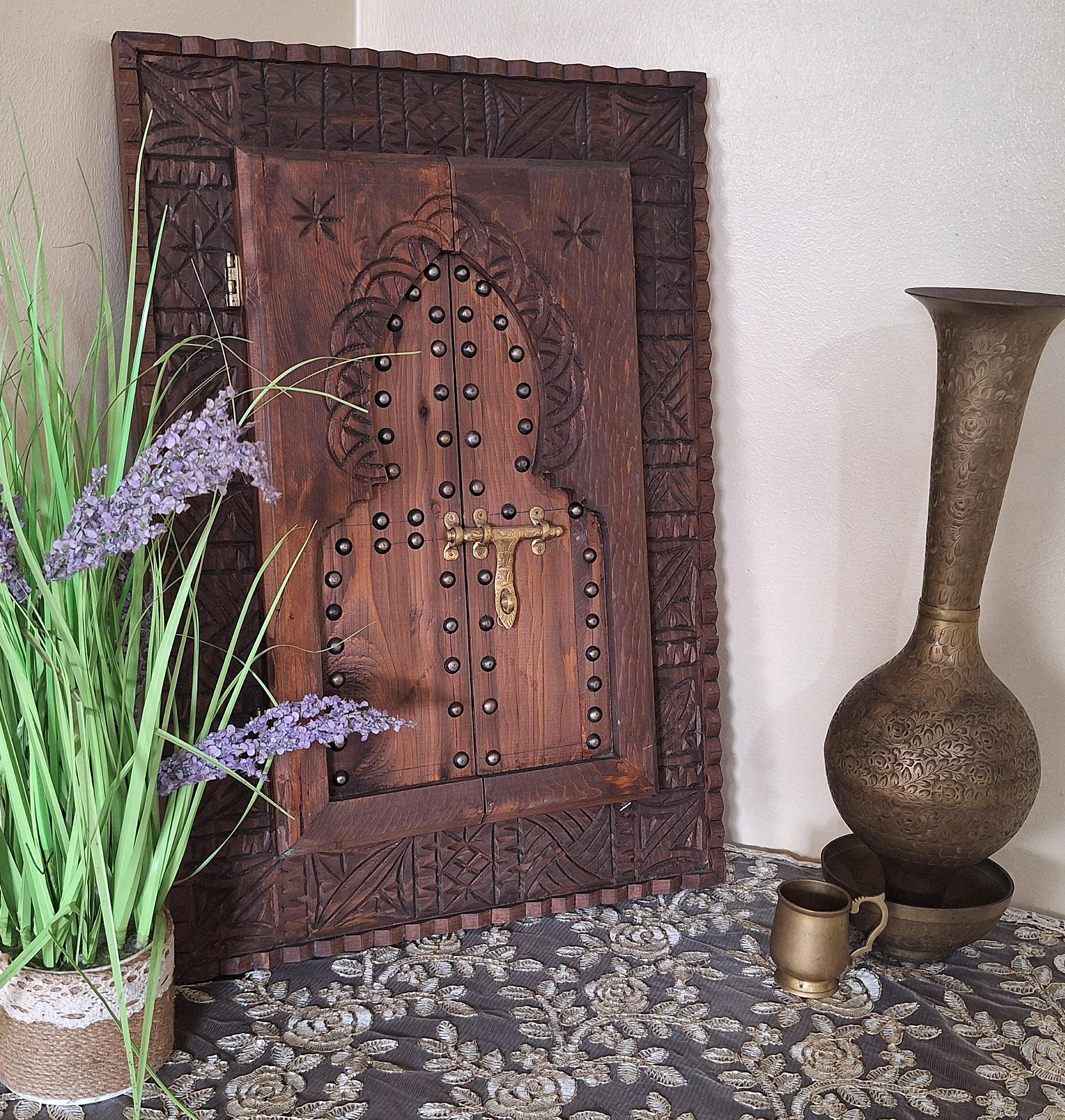Decorative Hand Carved Moroccan Brown Door With Brass Latch, Moroccan ...