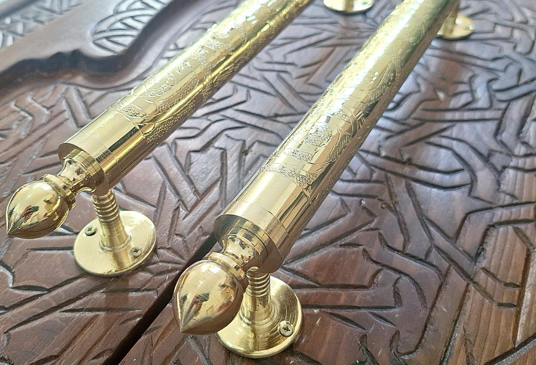 2 Large Solid Brass Antique Door Handles, Thick Engraved Moroccan-style ...