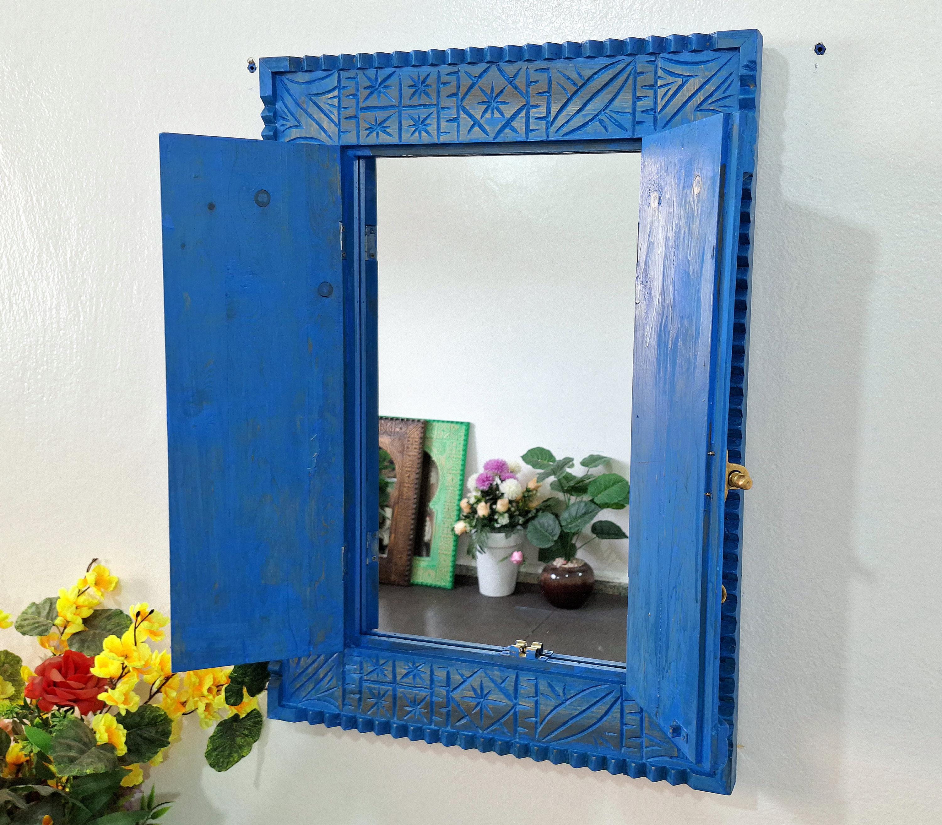 Handcarved Rustic Mirror, Hidden Mirror Behind a Blue Moroccan Door in ...