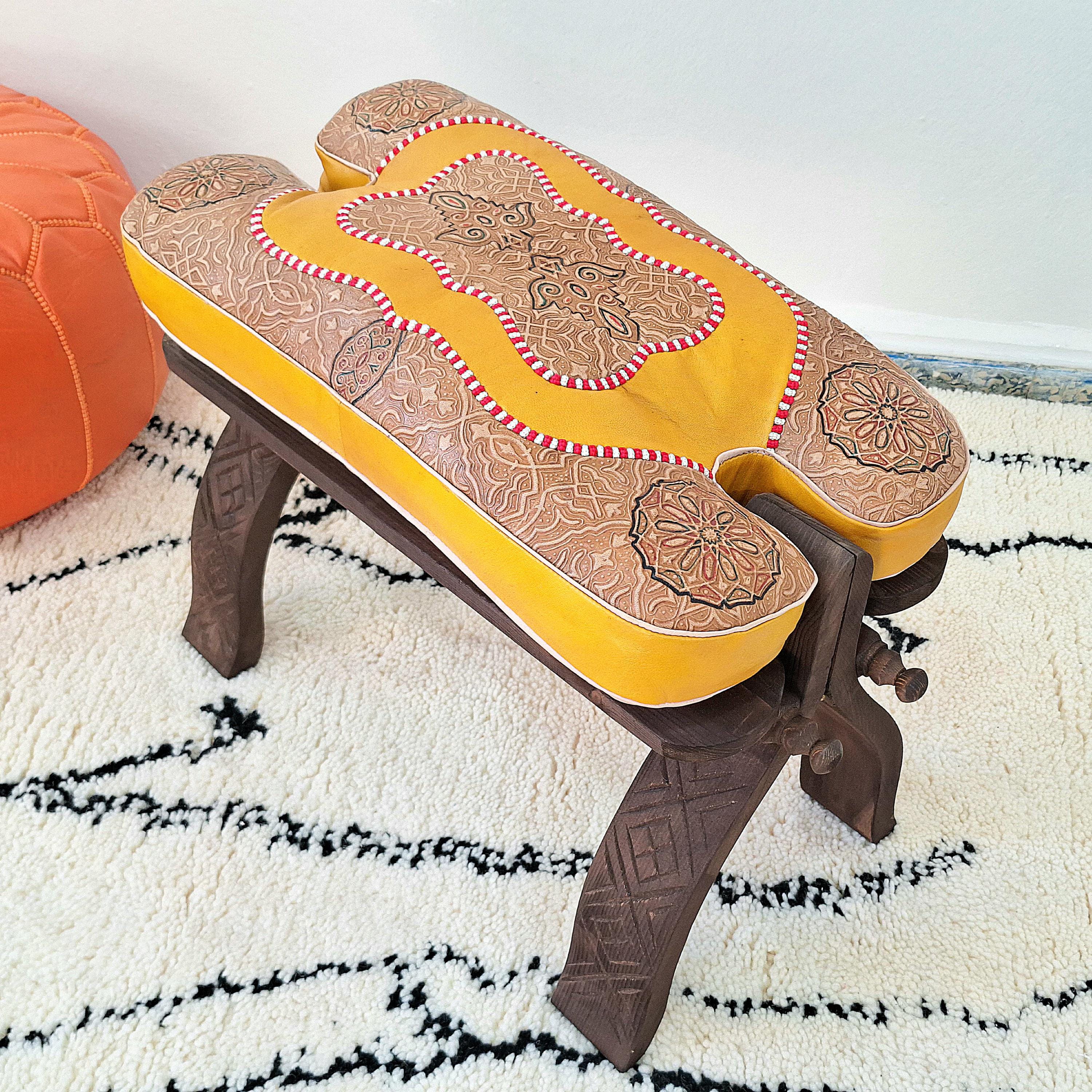 Camel Saddle Foot Stool, Ottoman Bench Seat, Wooden Footrest With ...