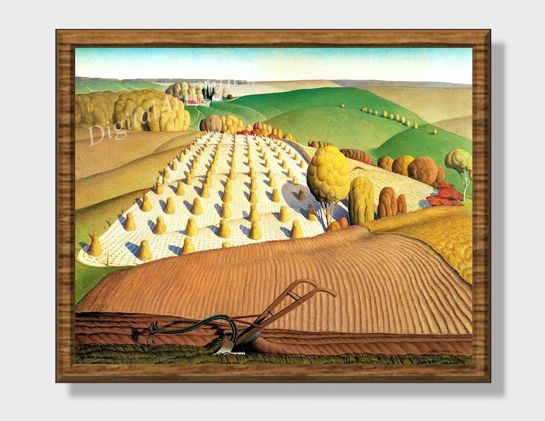 Grant Wood Fall Plowing Landscape Painting 600 dpi | Etsy