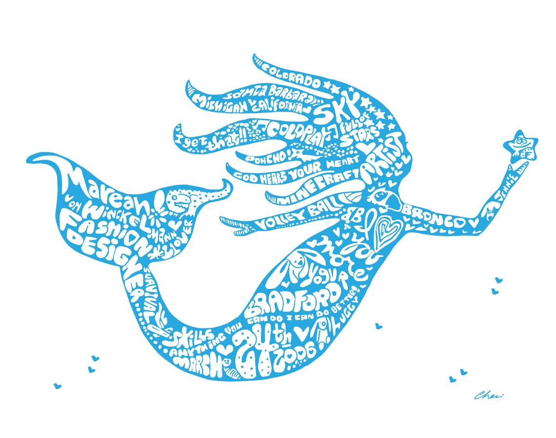 Custom Word Mermaid Portrait Using YOUR Words-blue - Etsy