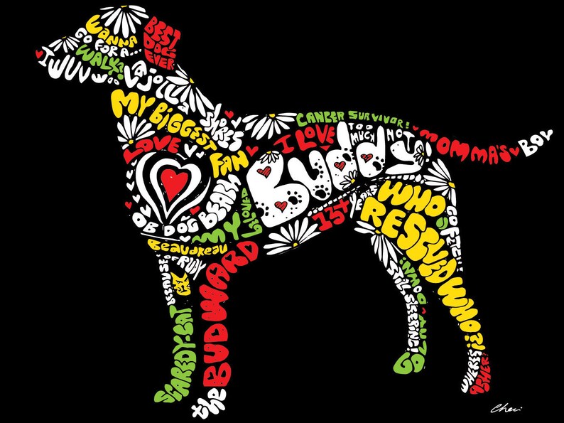 Custom Word Dog Portrait Using YOUR Words and Your Breed Color on Black ...