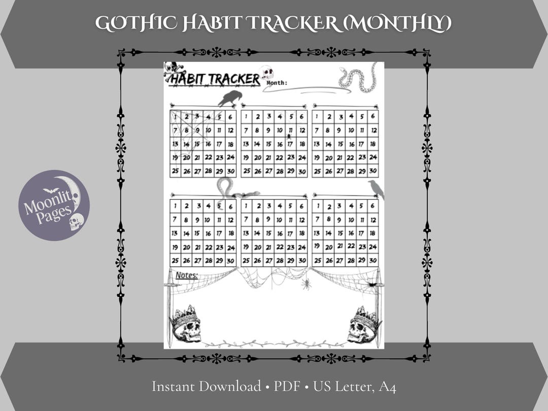 Habit Tracker Printable | Gothic Skull & Spider Web Planner | Monthly ...